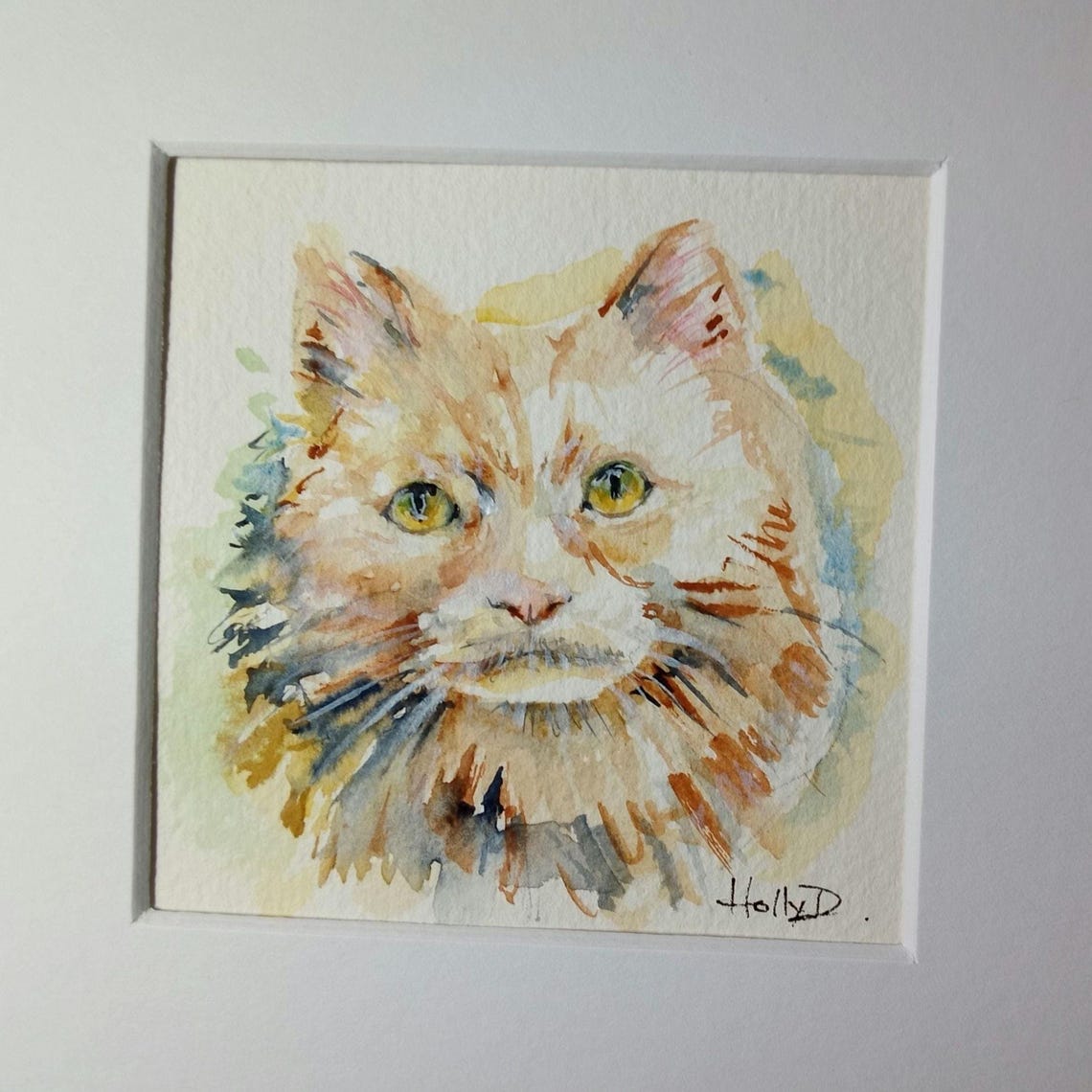 Original Watercolour Orange Cat Painting: 6x6" Matted Animal Portrait ...
