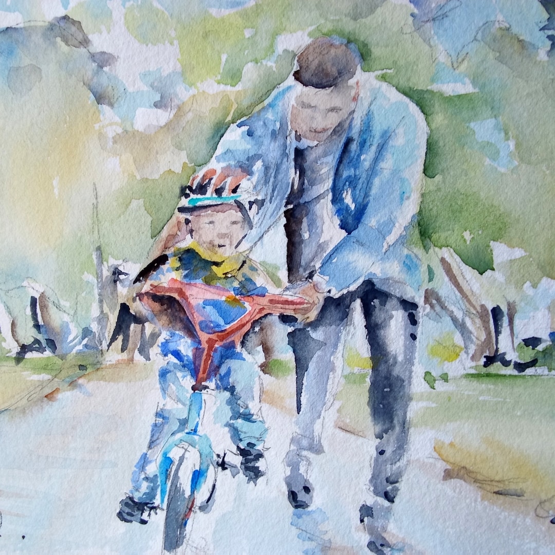 First Bike Ride Painting - Original Watercolour Picture - Biking Boy ...