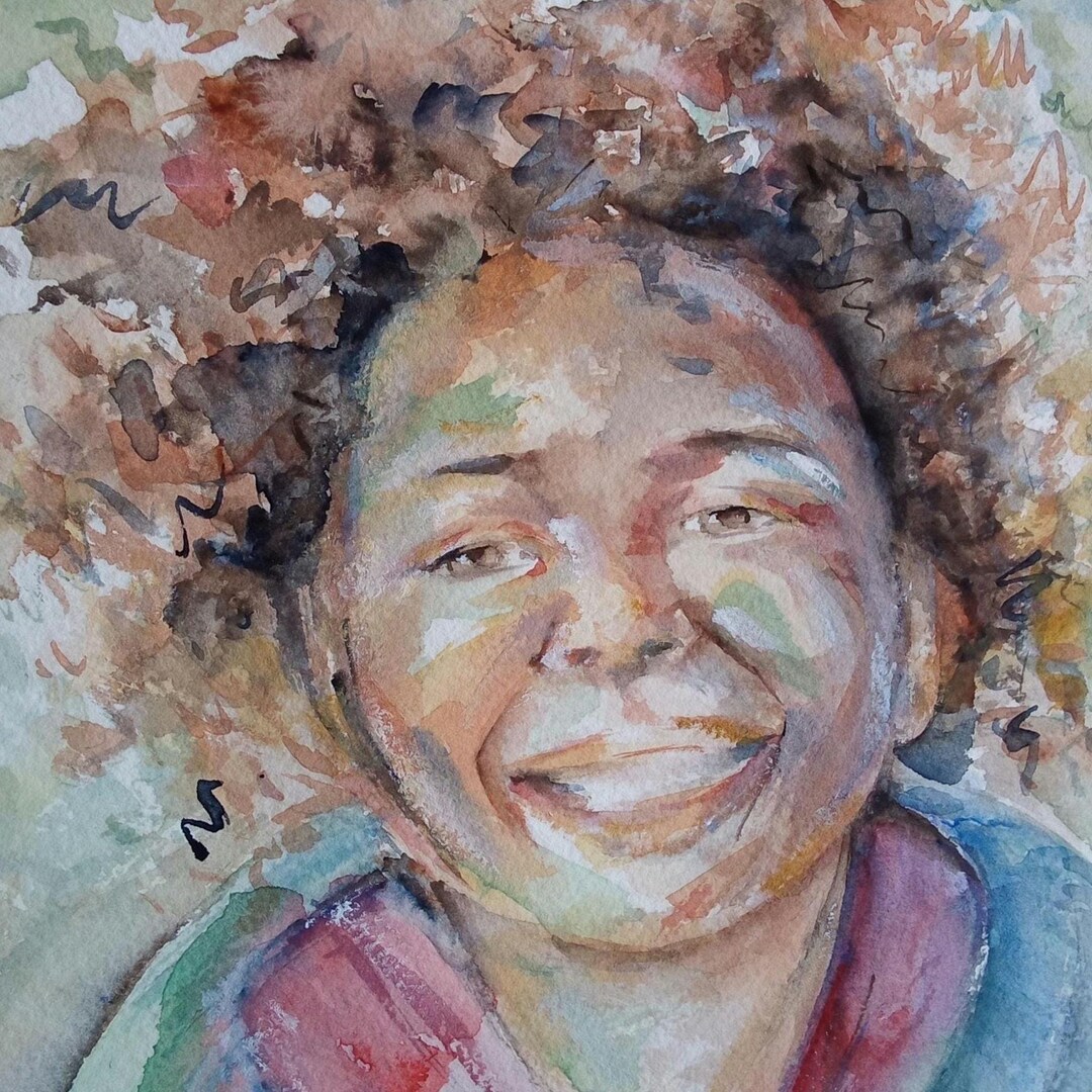 Smiling Child Sketch - Original Watercolour Picture - Child With Afro ...
