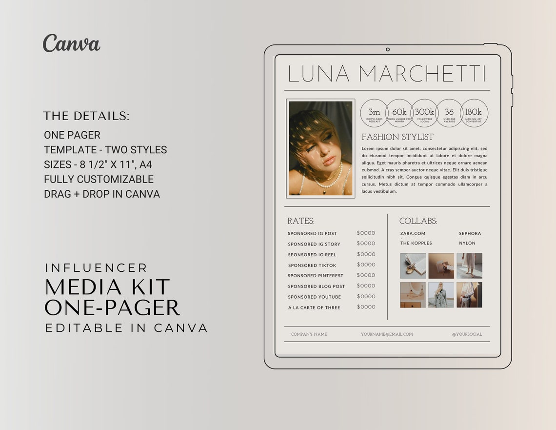 Influencer Media Kit One-pager Press Media Kit Template - Etsy
