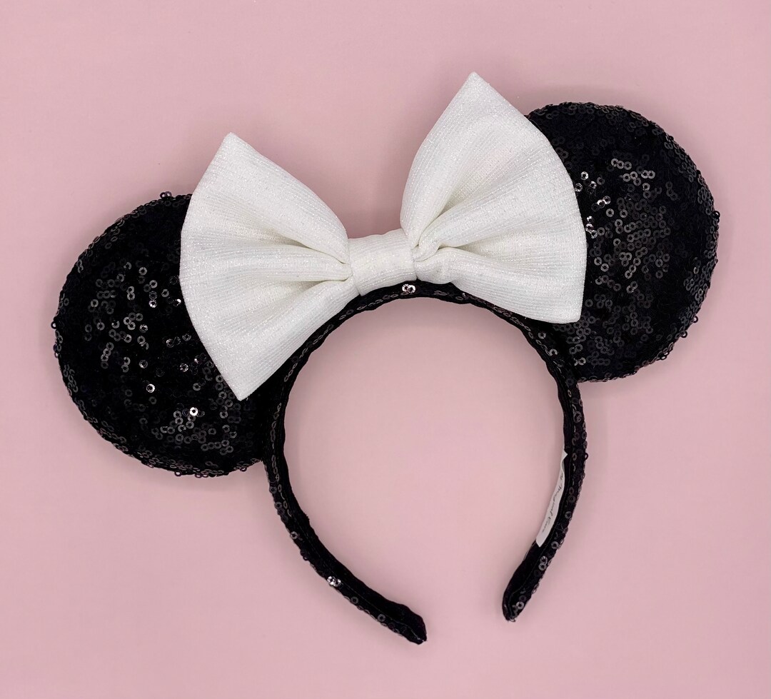 MADE TO ORDER Black Sequin Mouse Ears With White Sparkly Bow | Headband ...