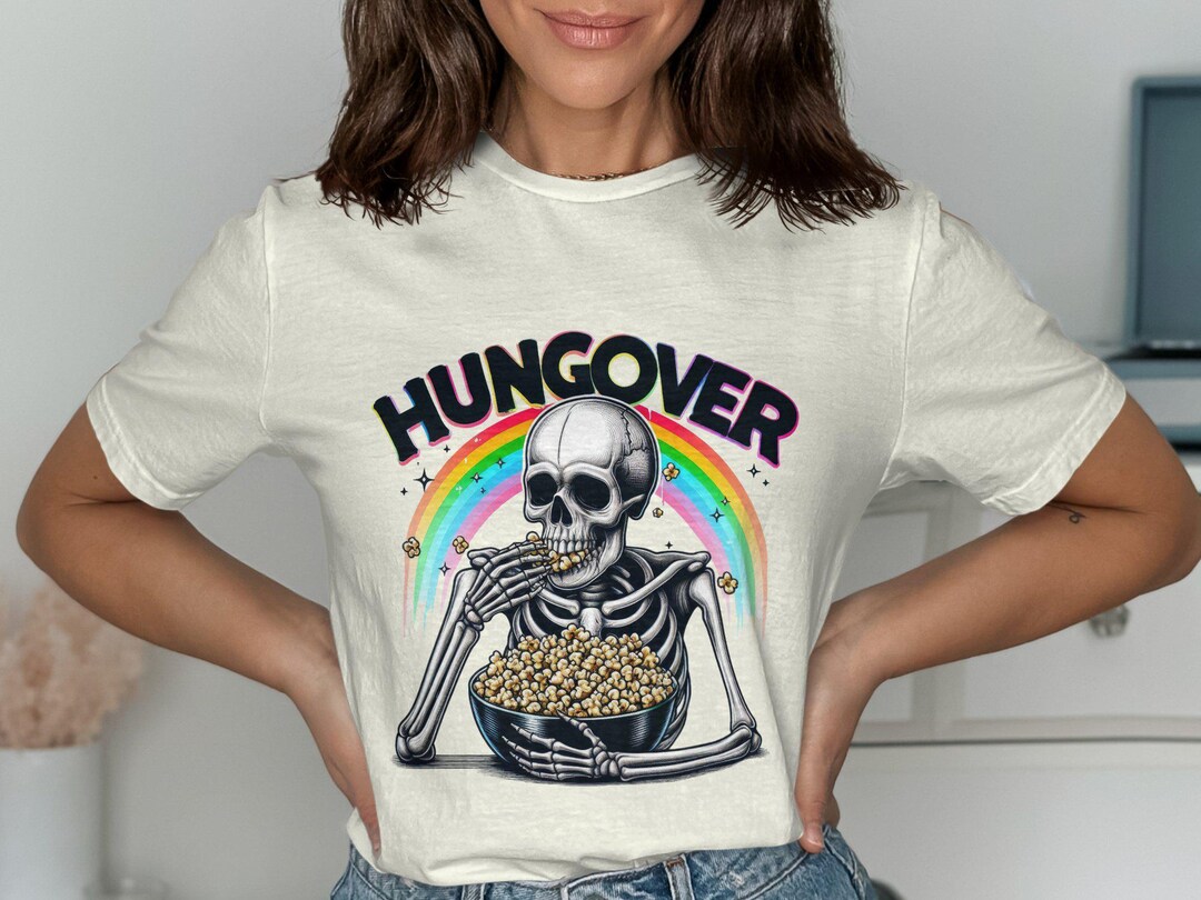 Funny Hangover Skeleton Eating Popcorn T-shirt, Unique Rainbow Skeleton ...