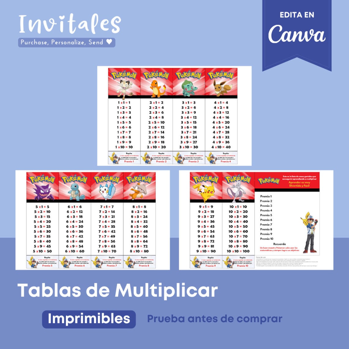 Tablas De Multiplicar Pokemon Pikachu En Español / | Etsy UK