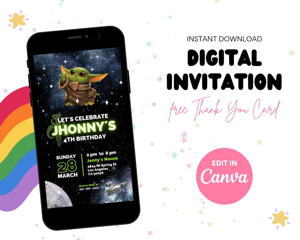 Baby Yoda Grogu Digital Birthday Invitation Canva Template - Etsy México