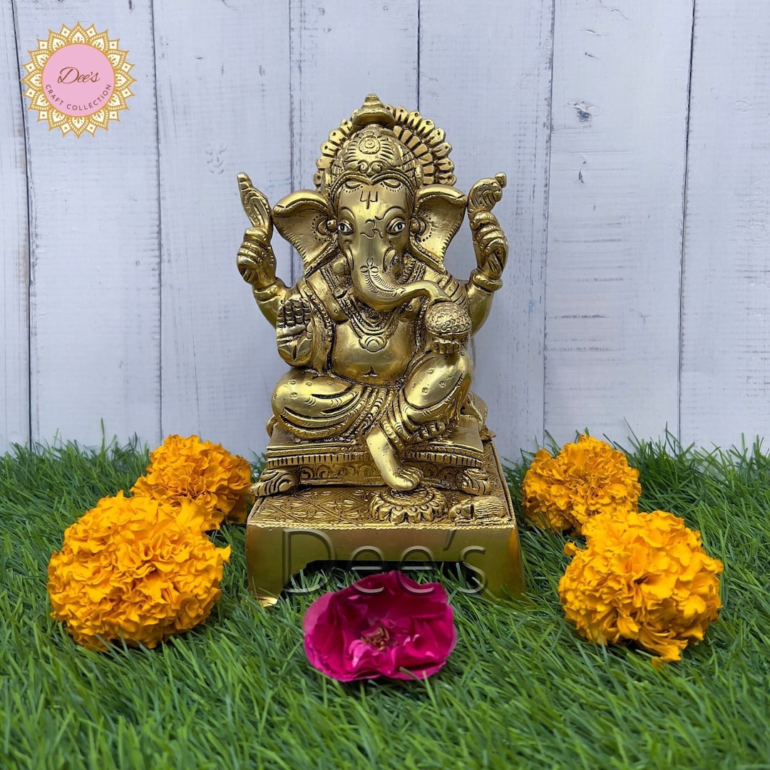 7 Lord Ganesha Brass Idol 17 Cm Hindu God Ganesh Sitting Statue ...