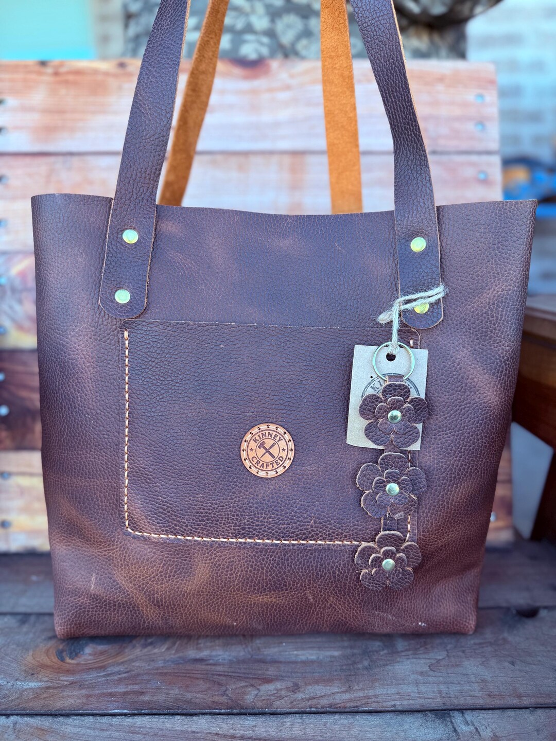 Handmade Brown Leather Tote Bag: Rustic Pull-up Effect, Solid Brass ...