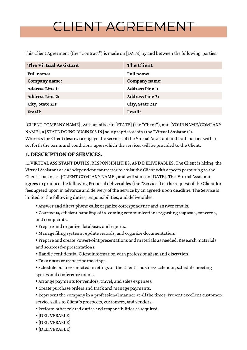 Virtual Assistant Client Agreement Template Virtual - Etsy Canada