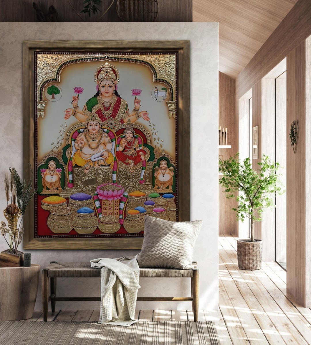 Lord Kuber & Goddess Lakshmi Tanjore Painting, Gold Foil, Ruby, Emerald ...