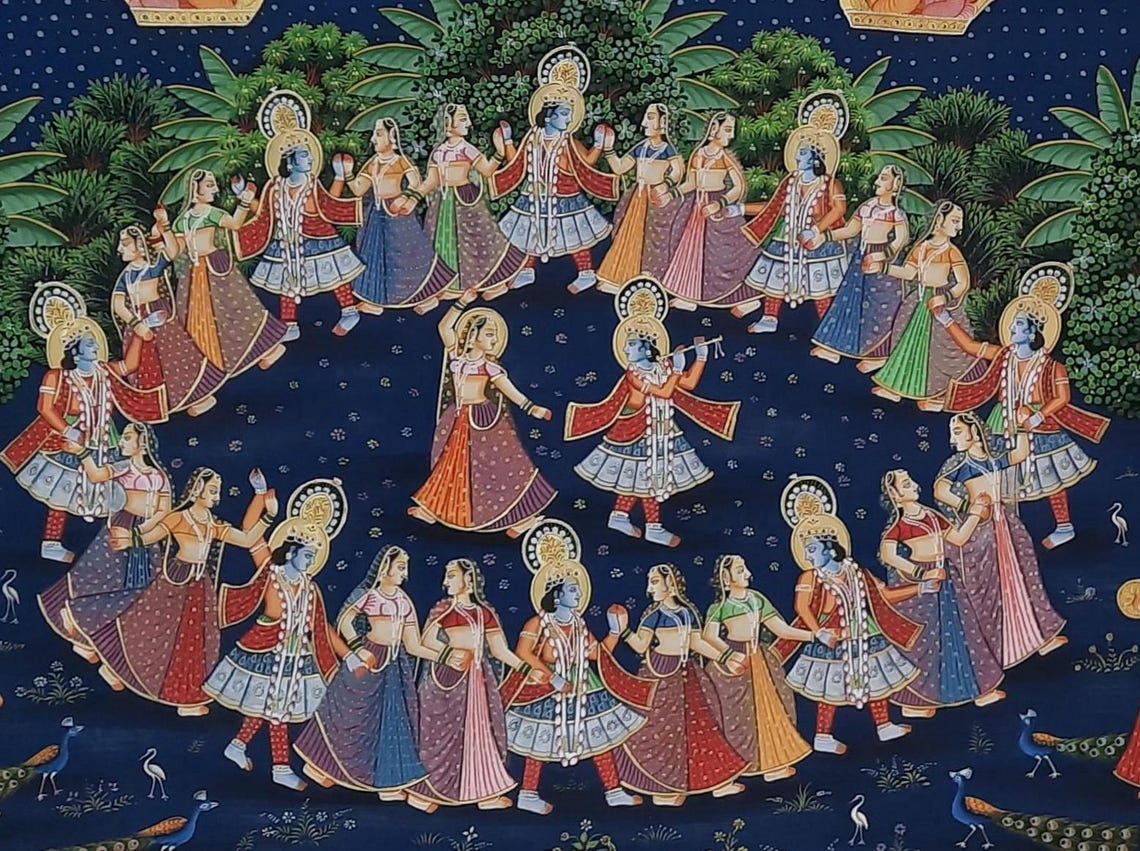 Hand Painted Radha Krishna Raas Leela Pichwai Painting, Krishna ...