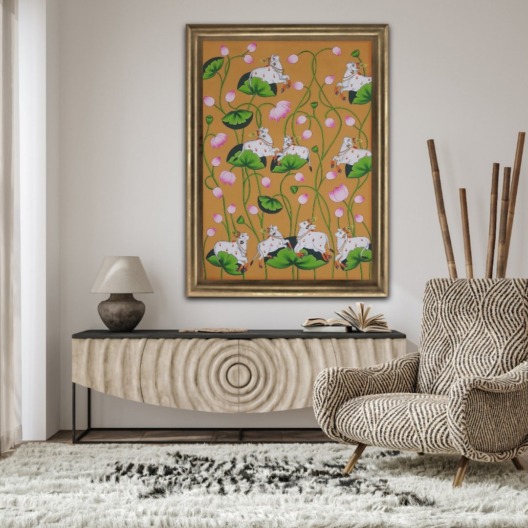 Kamal Talai Pichwai Painting: Cows in Lotus Pond, Indian Wall Decor - Etsy