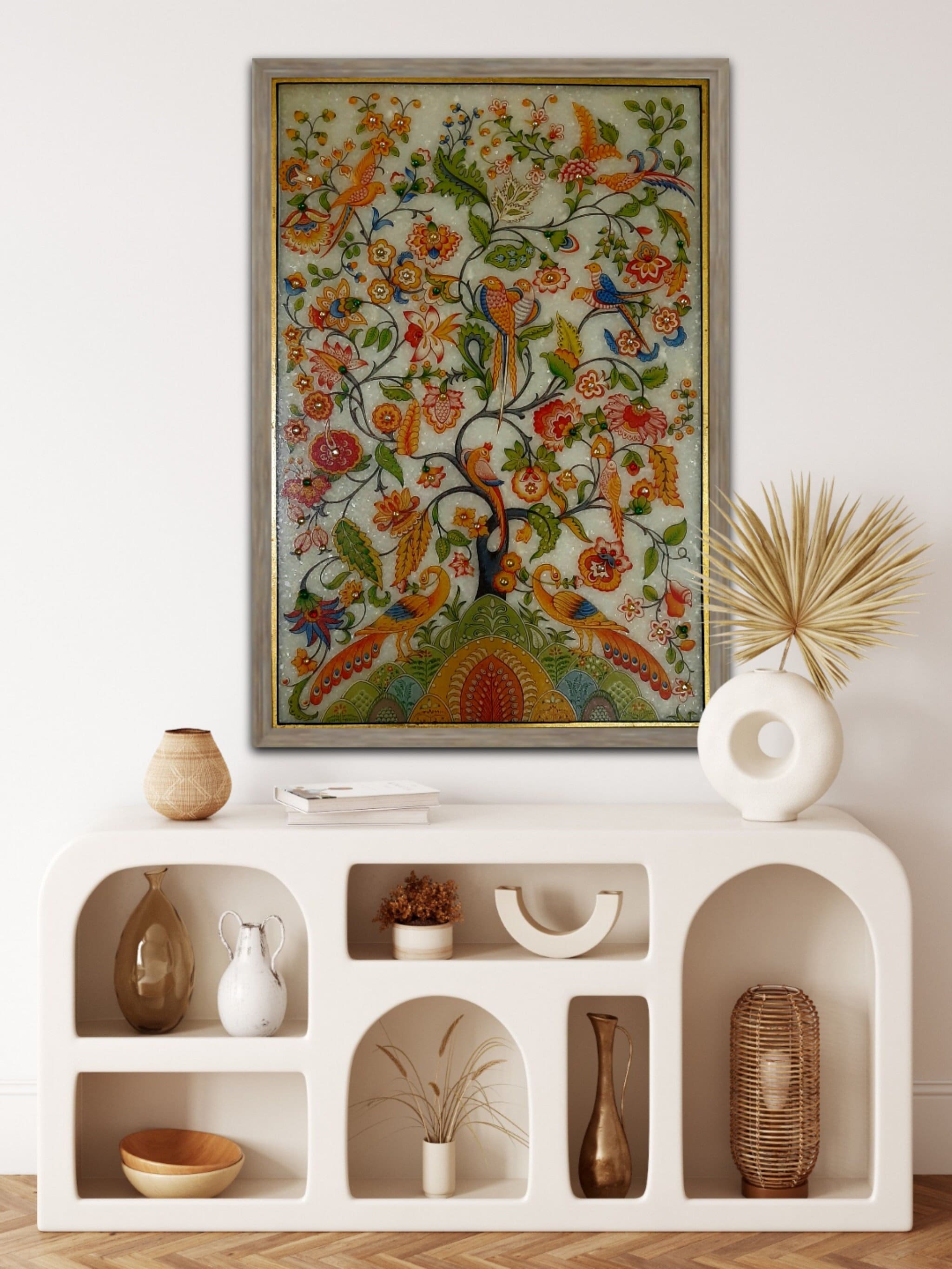 Traditional Hand Painted Tree of Life Pichwai Painting on Marble, Tree ...