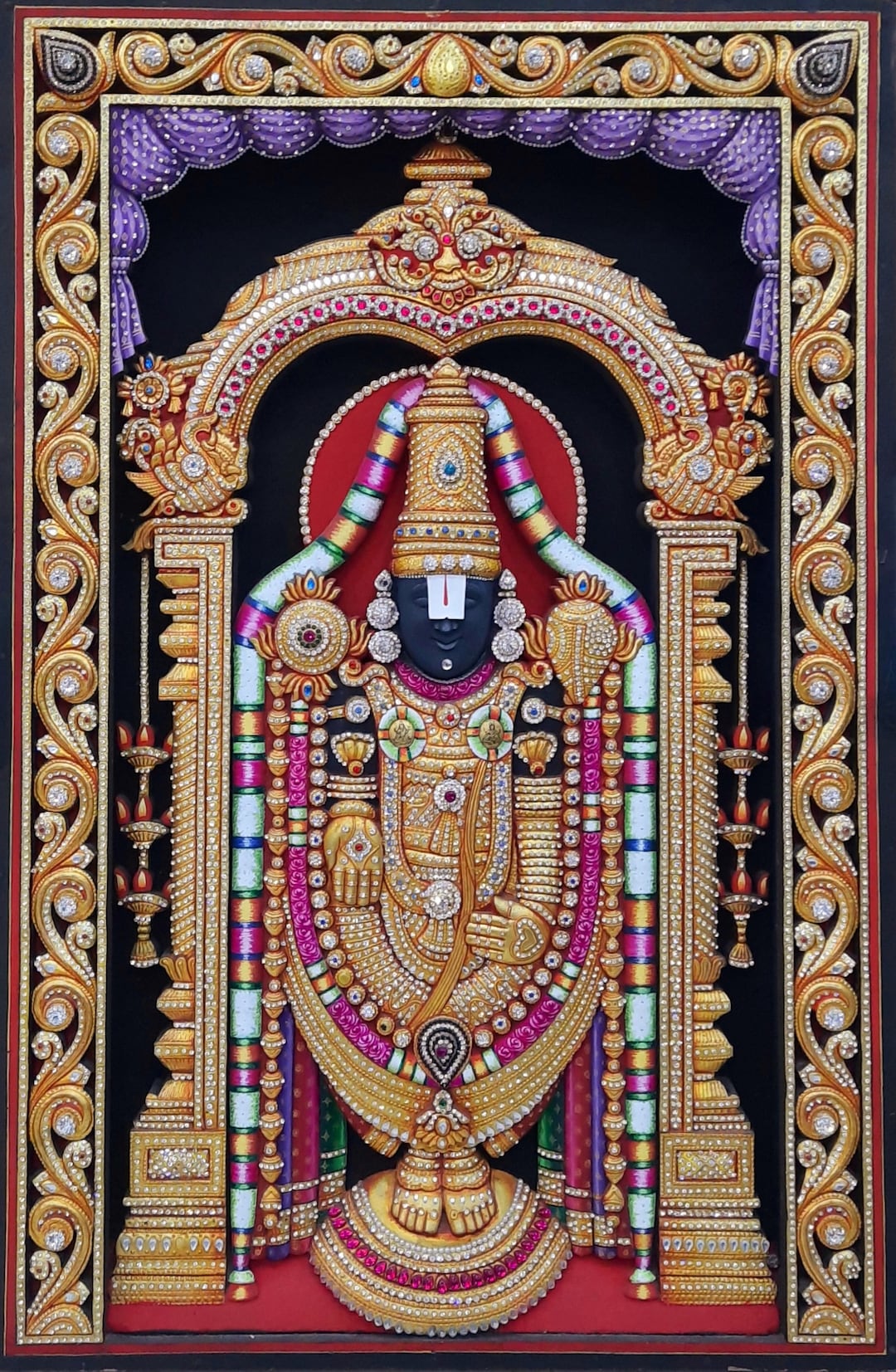 3D Tirupati Balaji Painting: Gold Foil, Ruby & Emerald Stone Art - Etsy