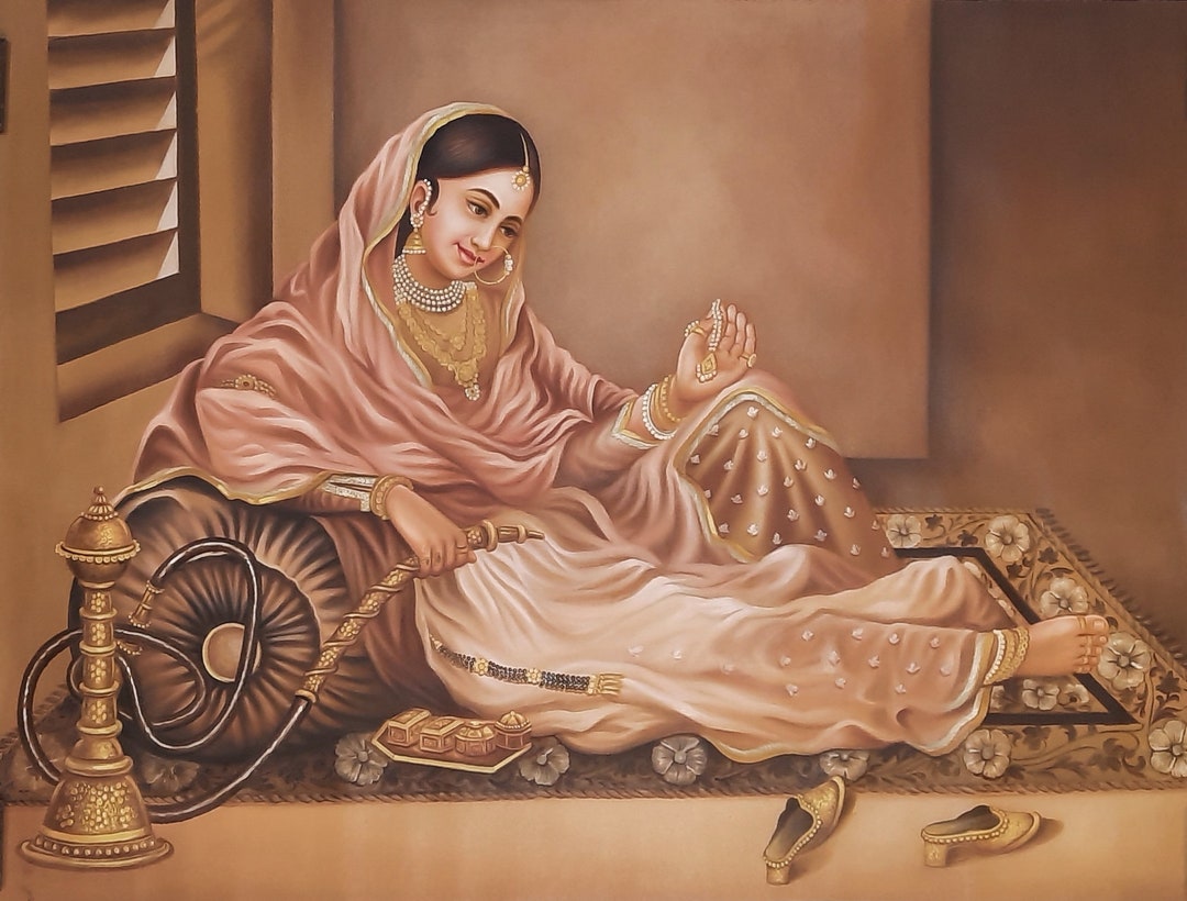 Indian Royal Lady With Hookah Oil Canvas Painting, Royal Lady Portrait ...