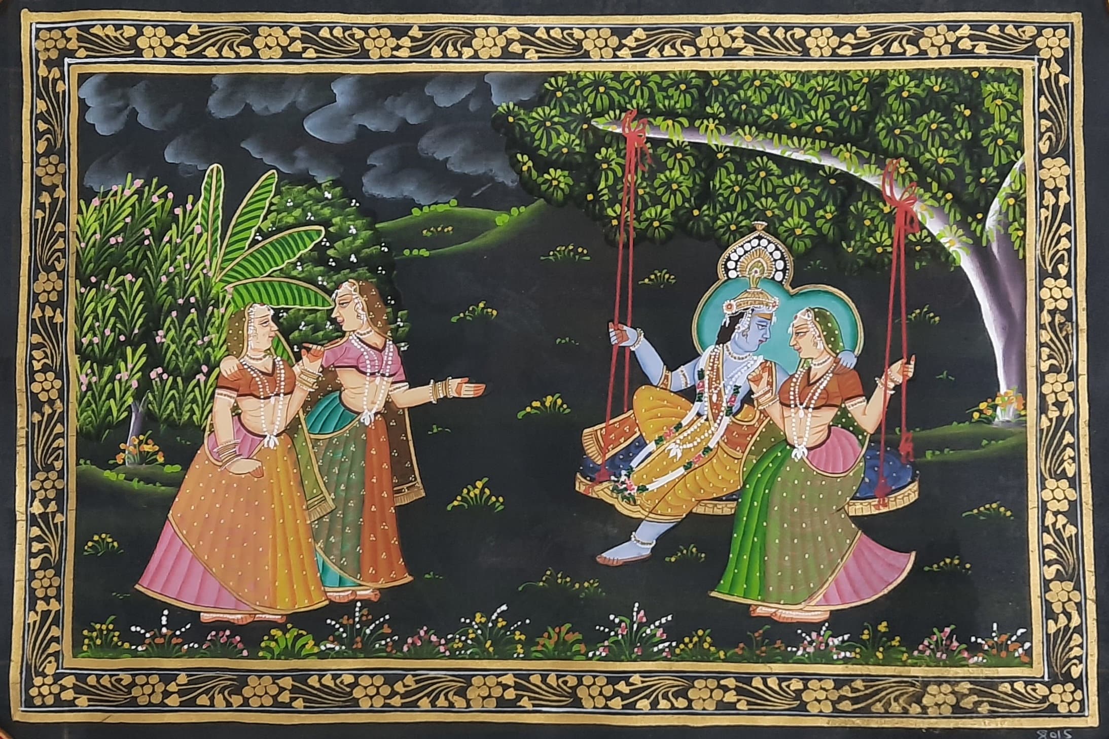 Vintage Horizontal Krishna Radha on a Swing Painting on Silk Handmade ...