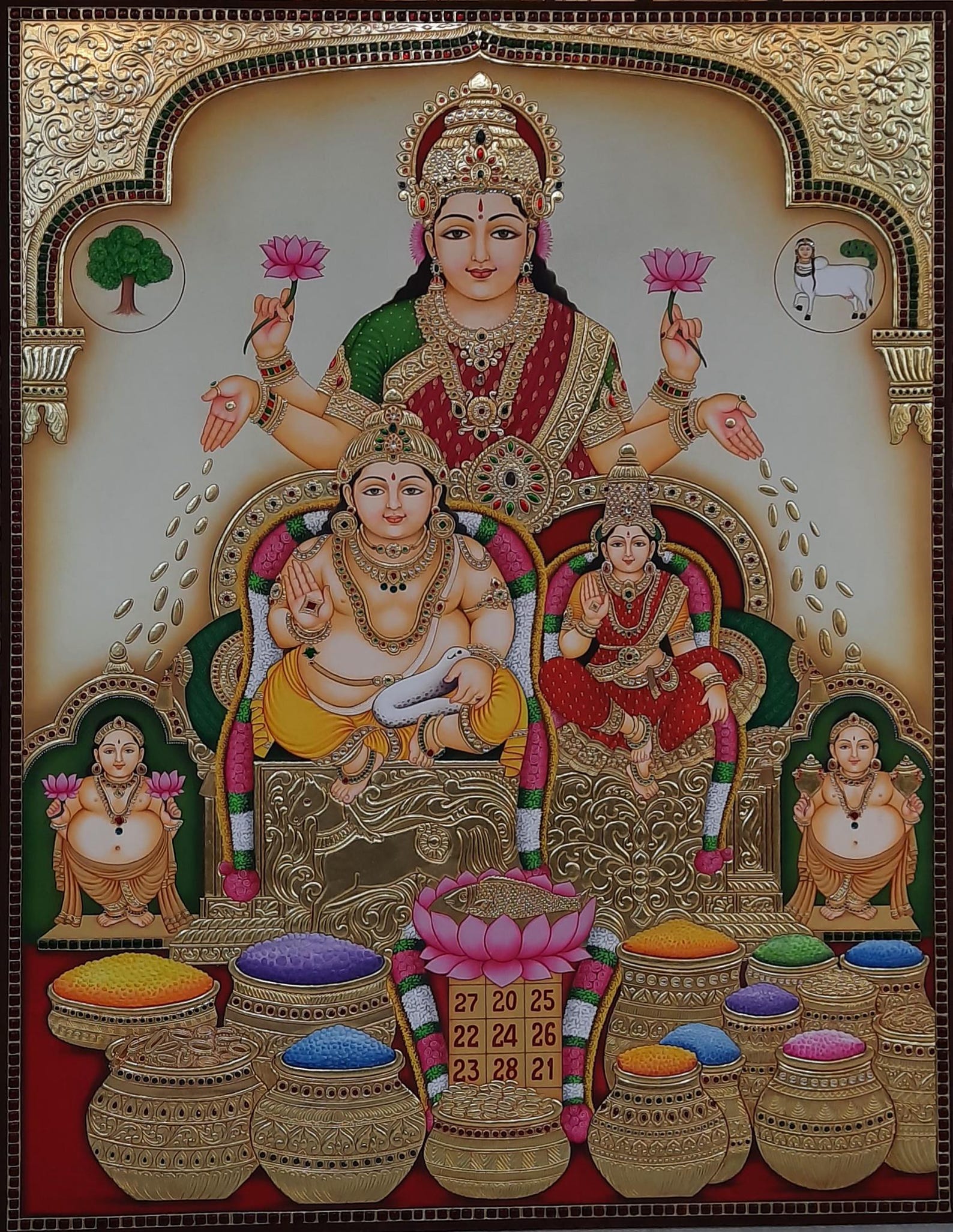 Lord Kuber & Goddess Lakshmi Tanjore Painting, Gold Foil, Ruby, Emerald ...