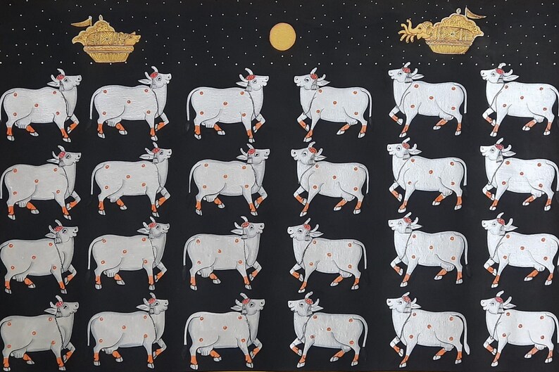Traditional Wall Painting of Beautiful Silver Cows Pichwai - Etsy