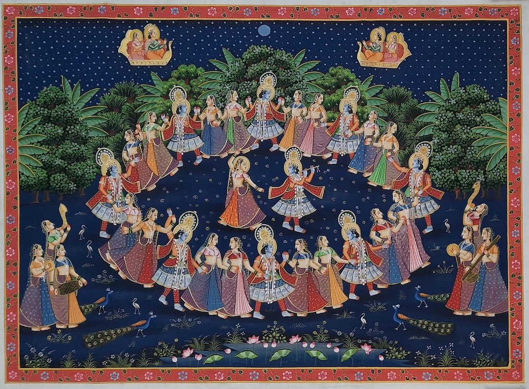 Hand Painted Radha Krishna Raas Leela Pichwai Painting, Krishna ...