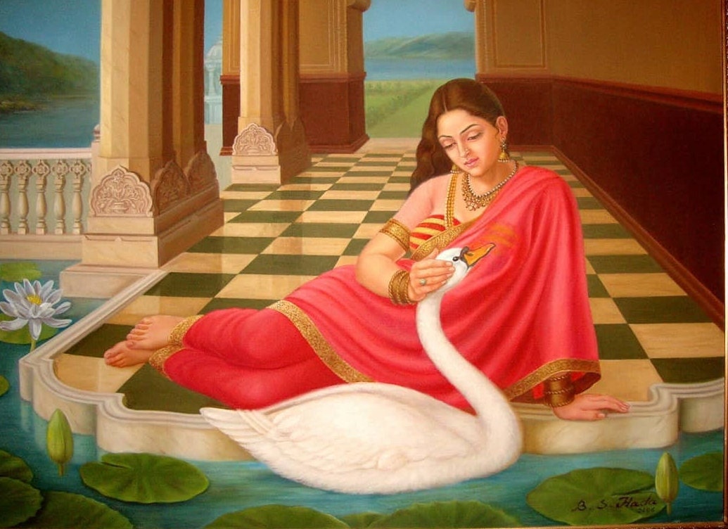 Handmade Raja Ravi Varma Painting: Damyanti and Swan Canvas Art - Etsy