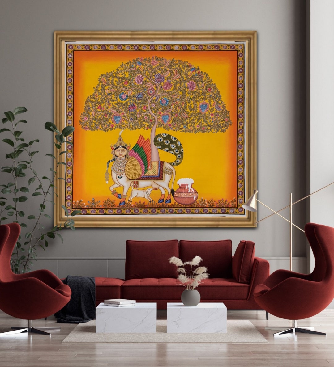 Kamadhenu Pichwai Painting, Hand Painted Pichwai Painting of Kamadhenu on Cloth Cotton ...