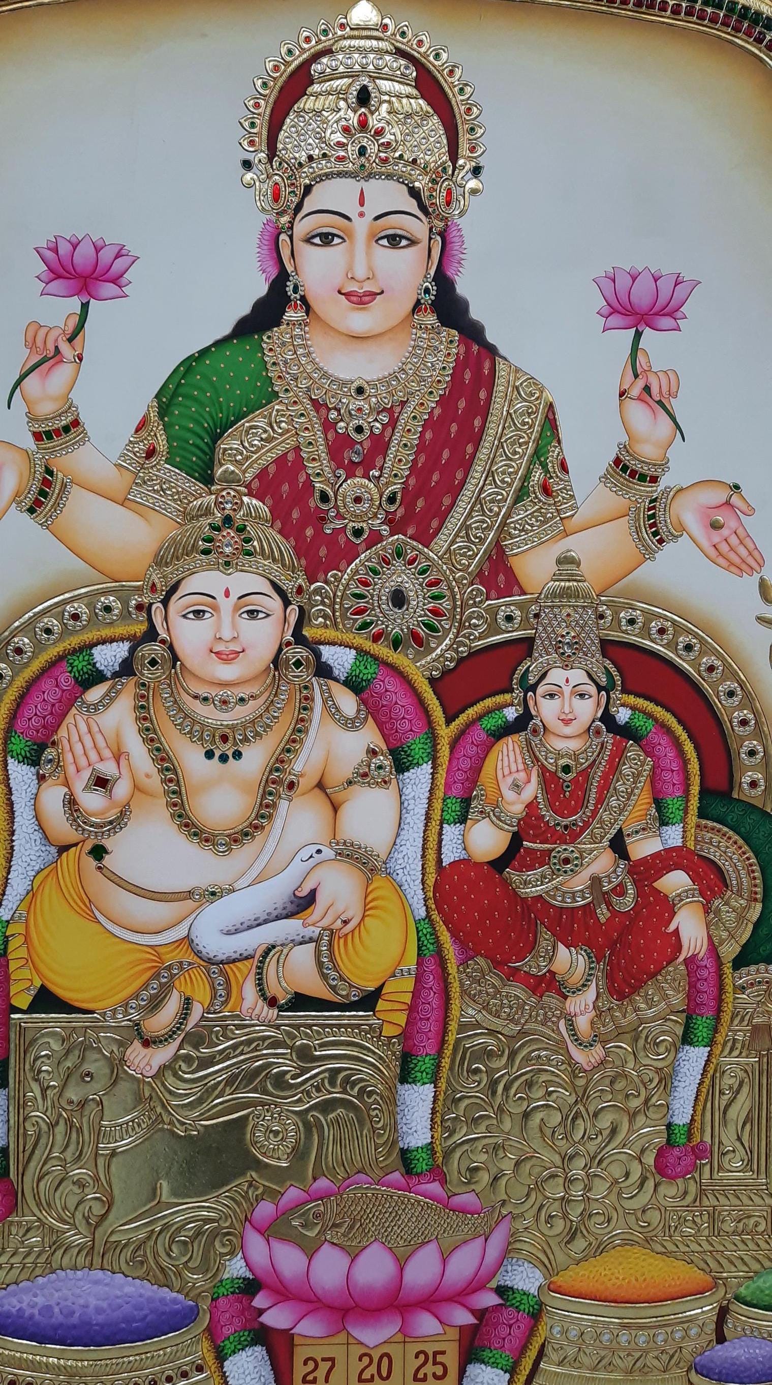 Lord Kuber & Goddess Lakshmi Tanjore Painting, Gold Foil, Ruby, Emerald ...