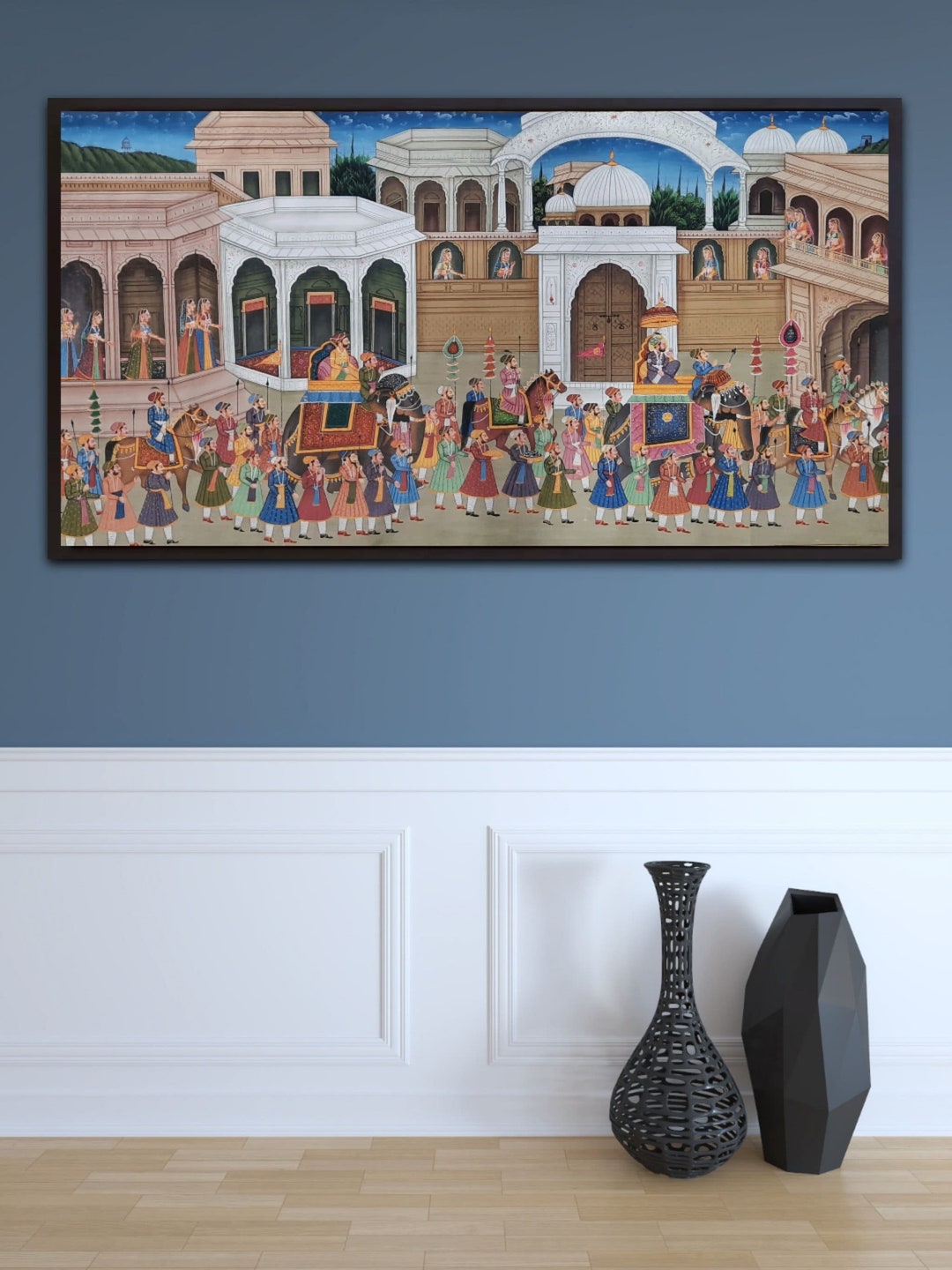 Indian Miniature Painting of Royal Maharaja Procession Art on Cotton ...