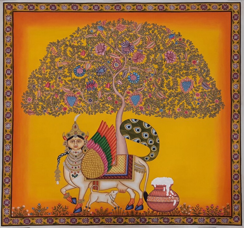 Kamadhenu Pichwai Painting, Hand Painted Pichwai Painting of Kamadhenu ...