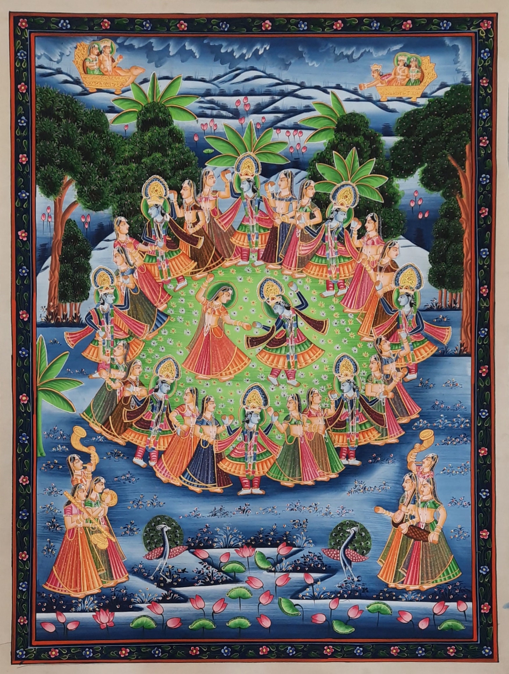 Hand Painted Radha Krishna Raas Leela Pichwai Painting, Krishna ...
