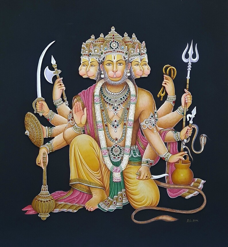 Panchmukhi Hanuman Ji Painting: Hand-painted Hindu Religious Art on MDF ...