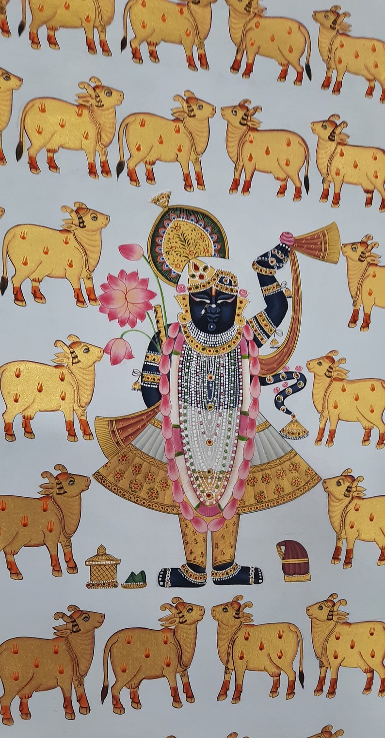Lord Shrinathji Pichwai Painting: Hand-painted Krishna & Cows on Cloth ...