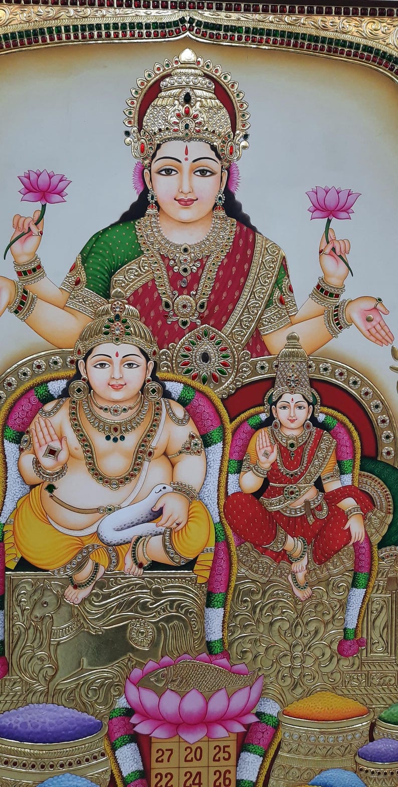 Lord Kuber Ji With Goddess Lakshmi Tanjore Painting, Kuber Laxmi ...