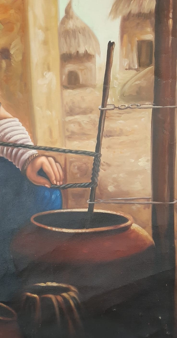 Canvas Oil Painting of Village Rural Lady Churning the Curd.home Decor ...