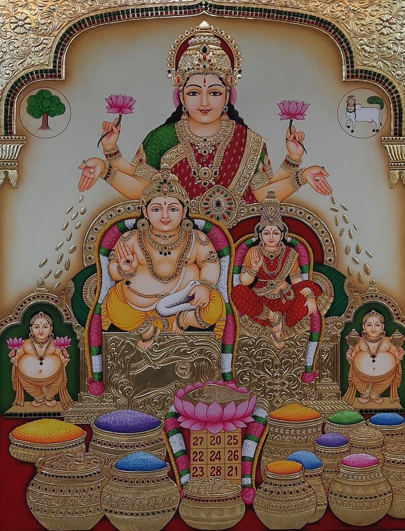 Lord Kuber Ji With Goddess Lakshmi Tanjore Painting, Kuber Laxmi ...