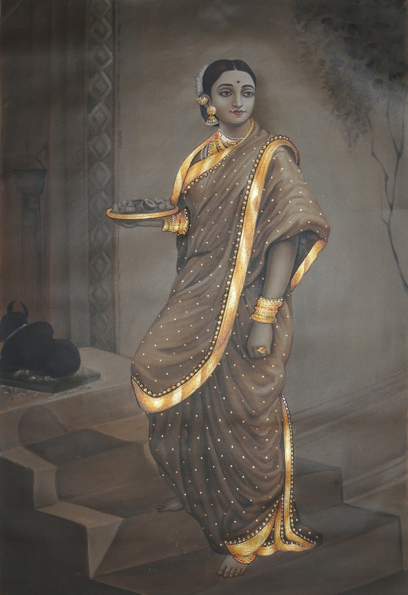 Lady Going for Pooja by Raja Ravi Varma Painting Oil Paint on Canvas ...