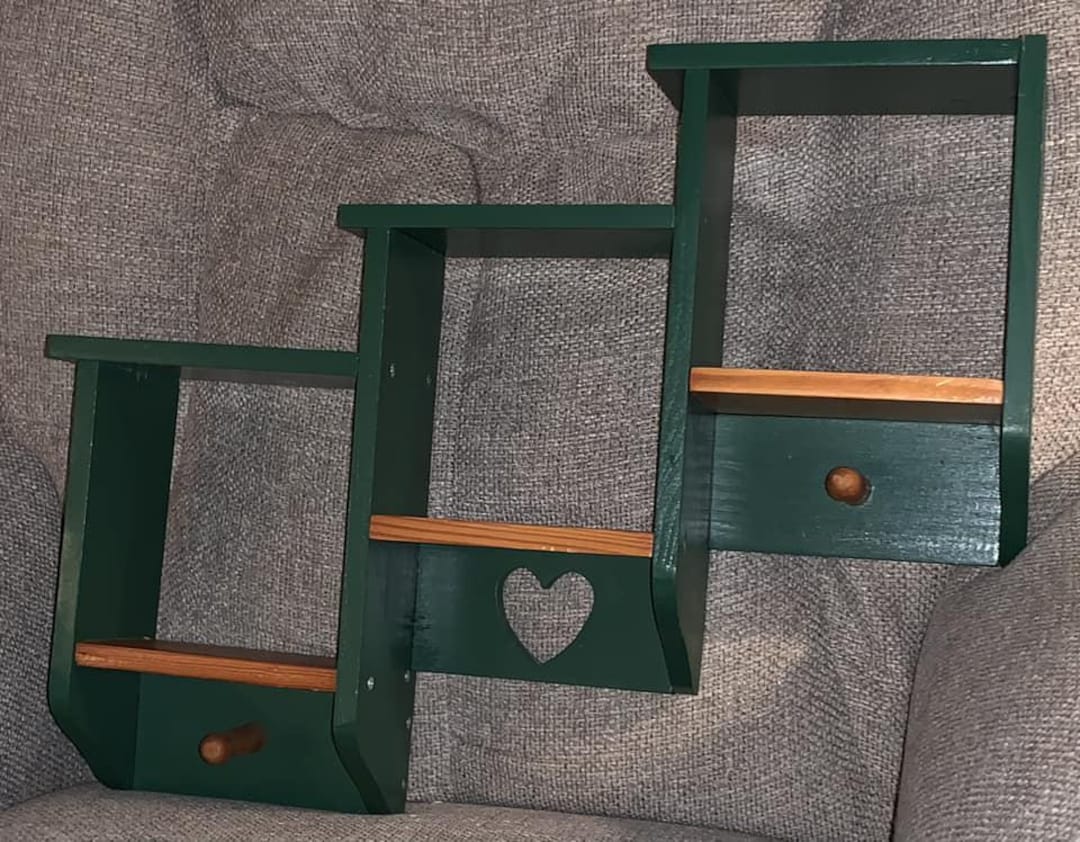 VTG Wood 3 Tier Wall Mount Heart Cutout Curio Knick Knack Display Shelf ...