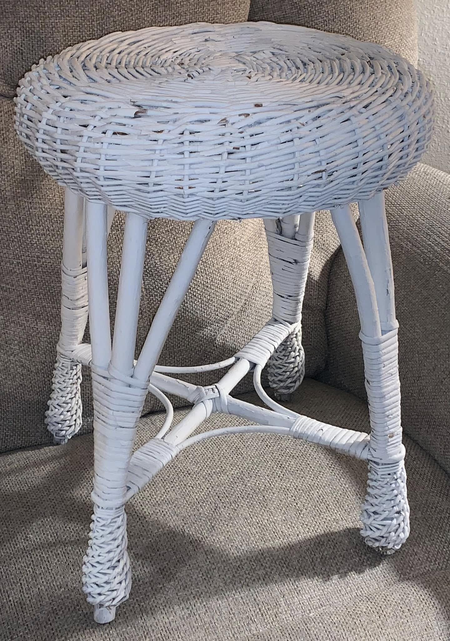 Vintage White Wicker Rattan Stool Vanity Seat BOHO Plant Stand ...