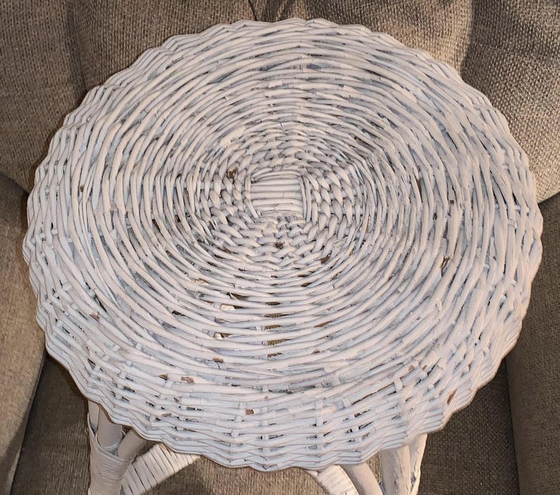 Vintage White Wicker Rattan Stool Vanity Seat BOHO Plant Stand ...