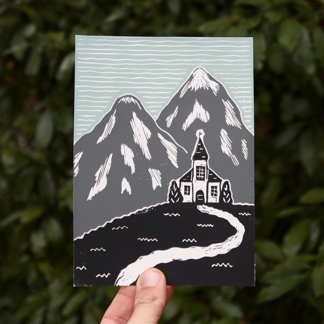 Alpine Church Linocut Print, 5x7” - Etsy