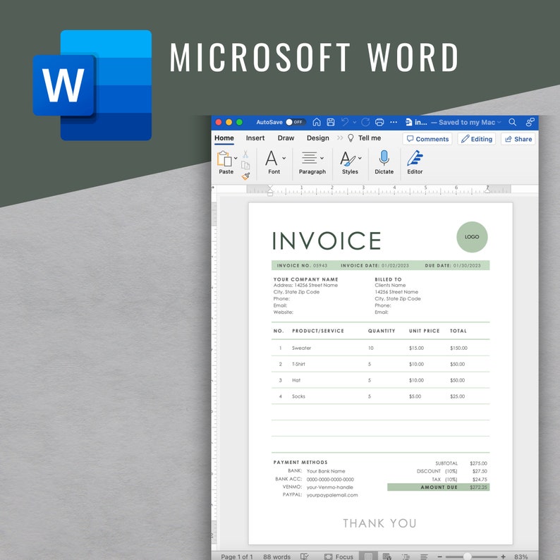 Invoice Template | Modern and Professional Invoice | Microsoft WORD and ...