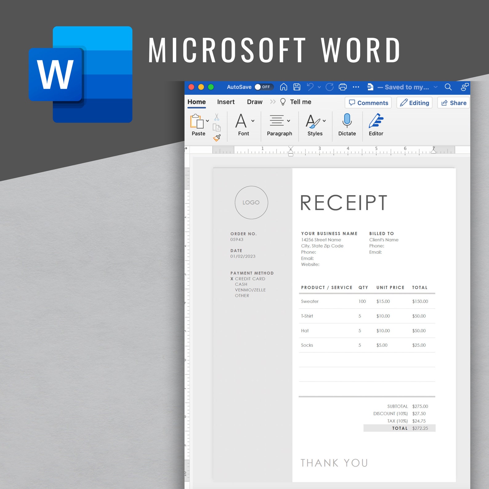 Receipt Template | Modern and Professional Receipt | Microsoft WORD ...