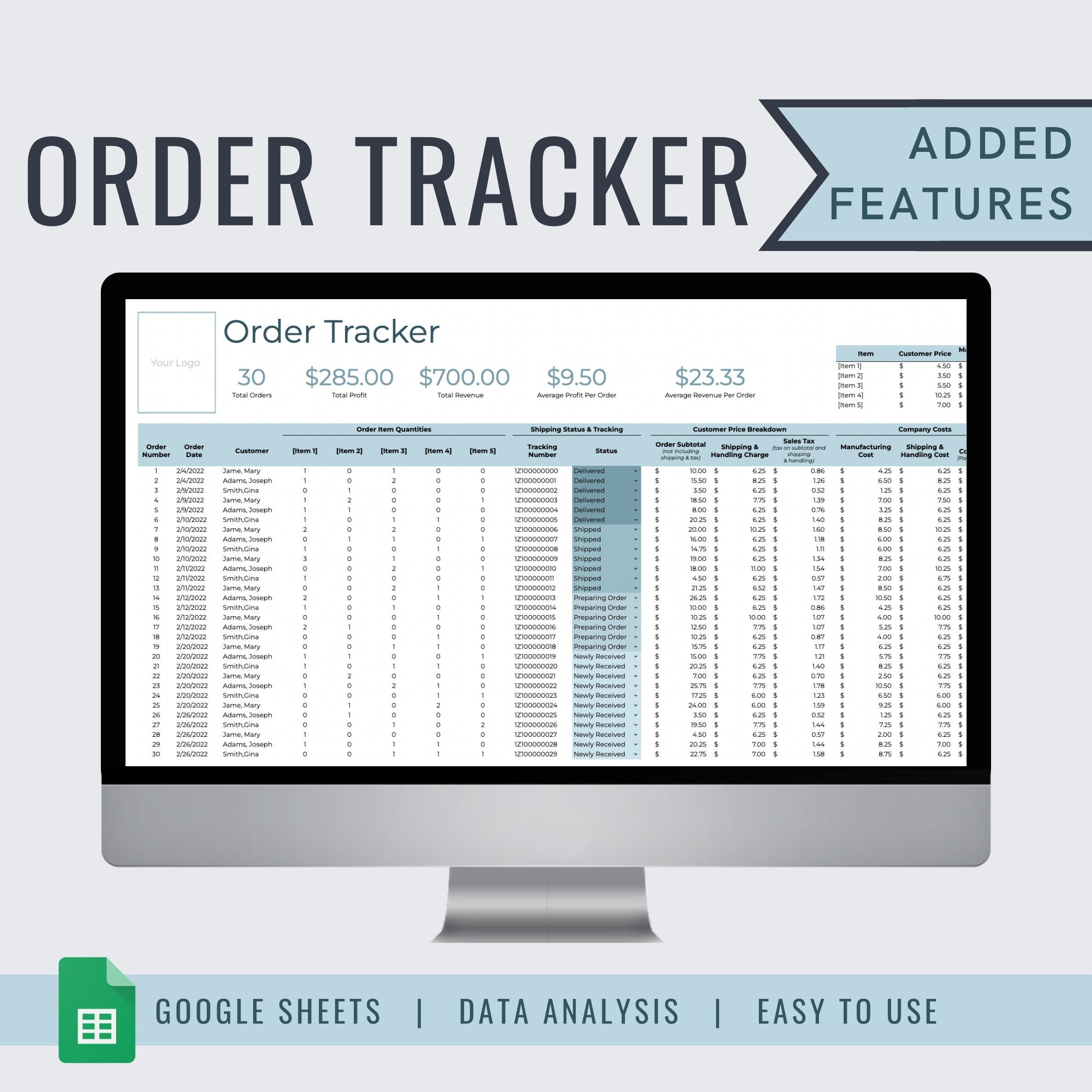 Order Tracker Sales Tracker Profit & Revenue Tracker Small Business ...