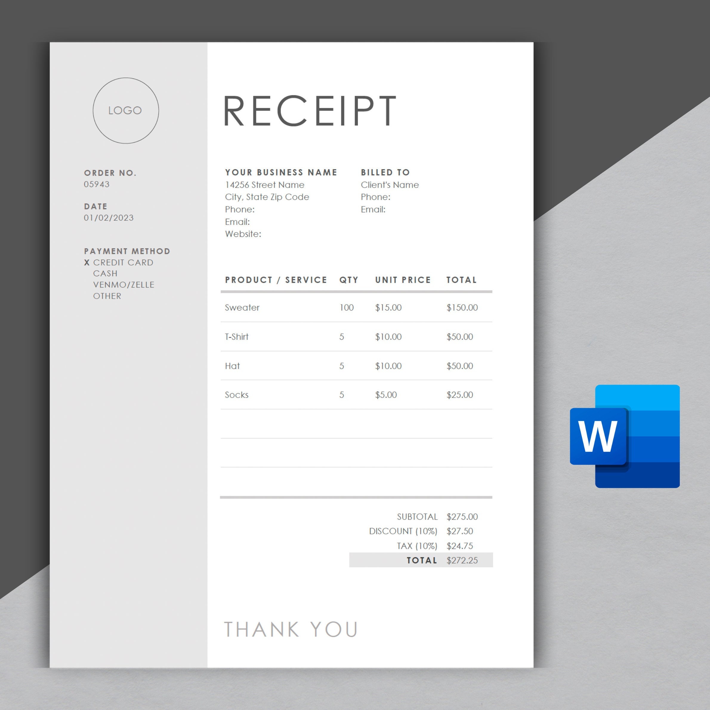 Receipt Template | Modern and Professional Receipt | Microsoft WORD ...