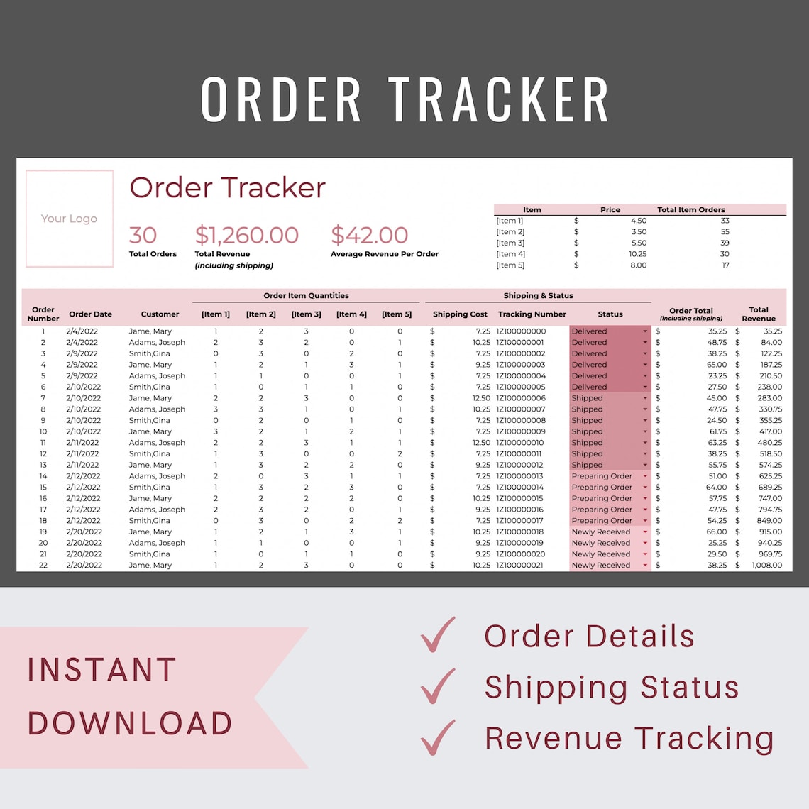Order Tracker | Small Business Bookkeeping | Sales Tracker | Revenue ...