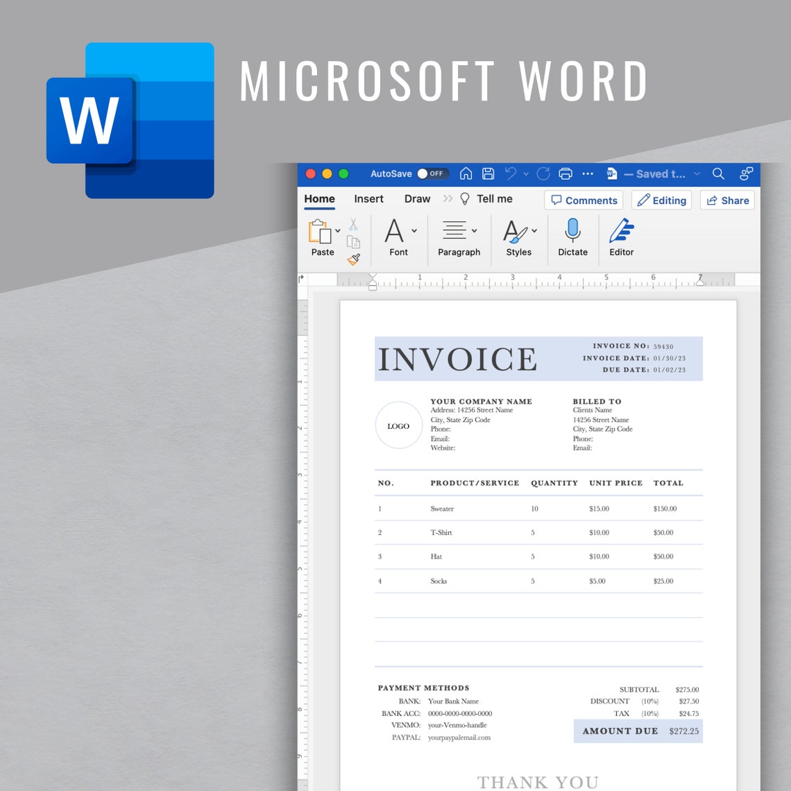 Invoice Template | Modern and Professional Invoice | Microsoft WORD and ...
