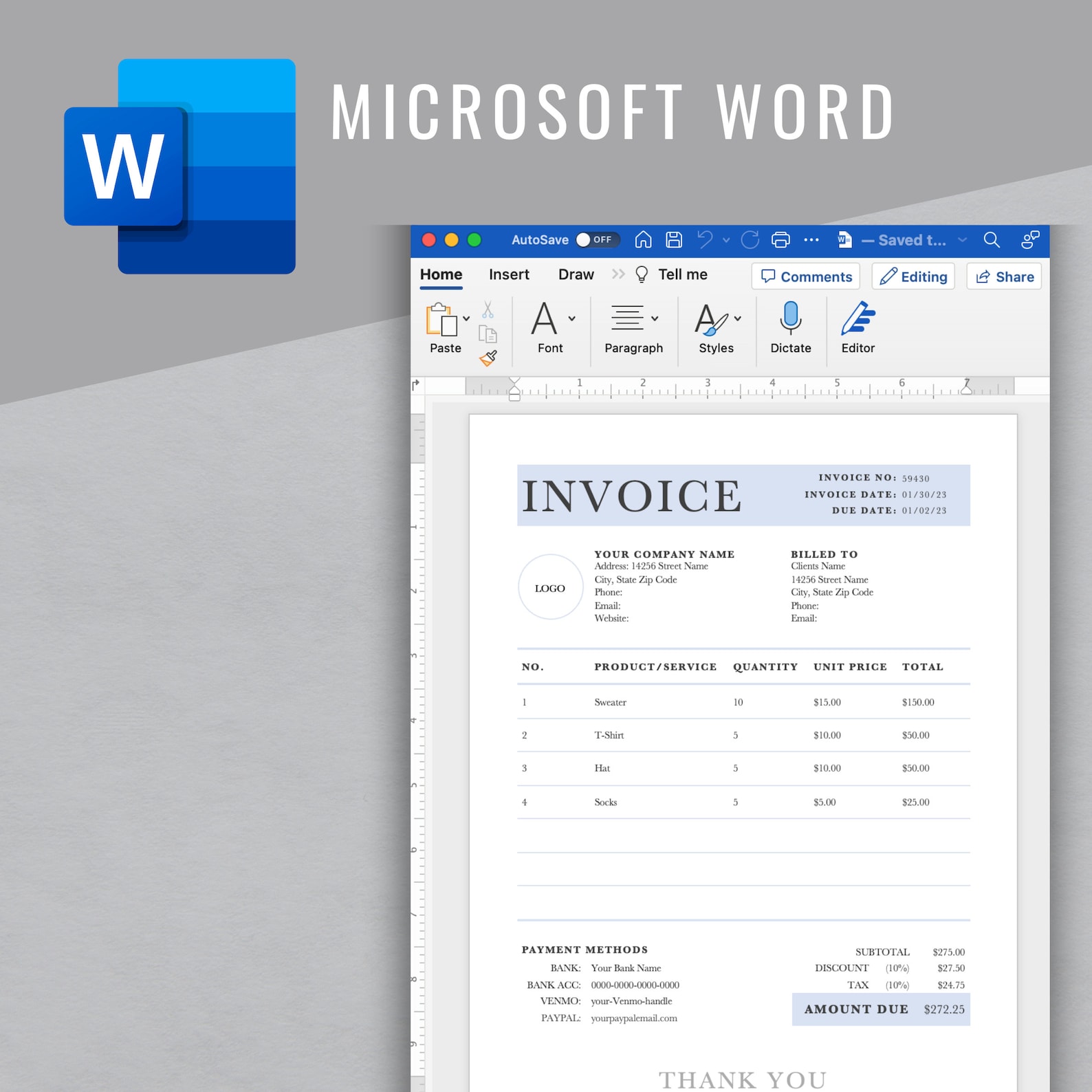Invoice Template | Modern and Professional Invoice | Microsoft WORD and ...