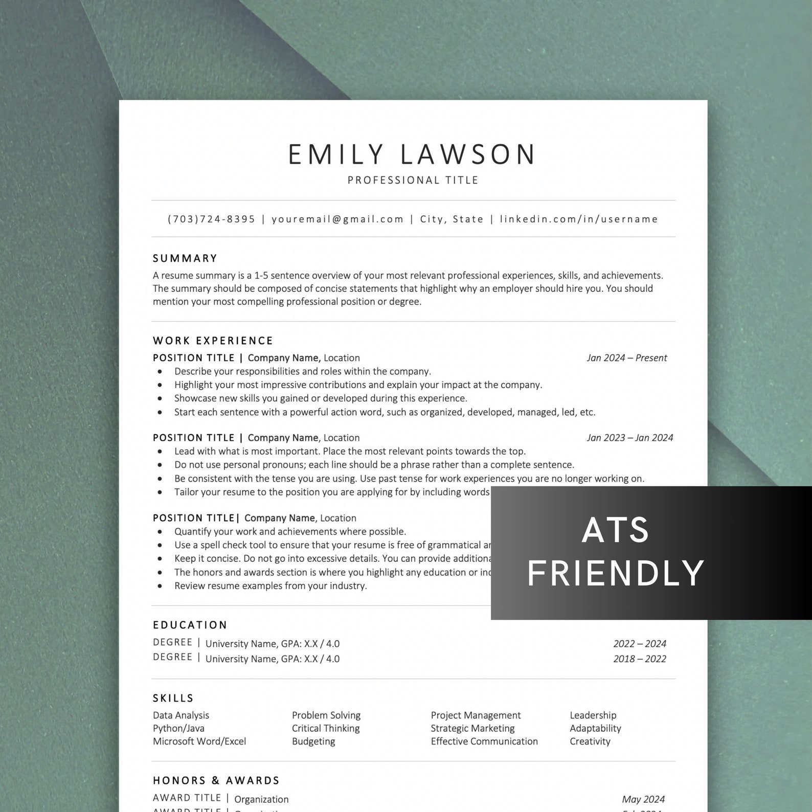 ATS Friendly Resume Template for Microsoft Word | Professional and Modern Resume Template With ...