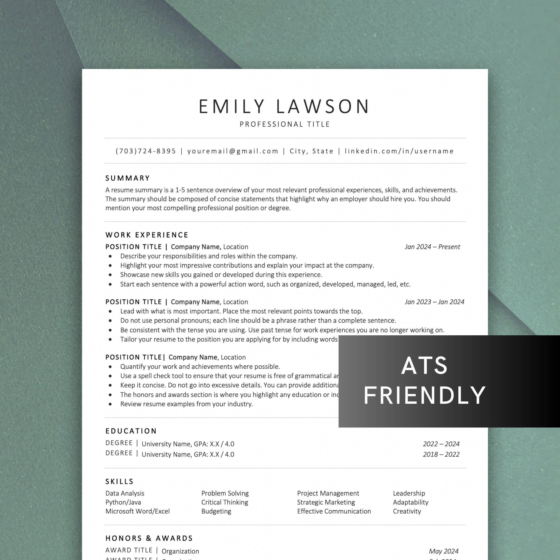 ATS Friendly Resume Template for Microsoft Word | Professional and ...