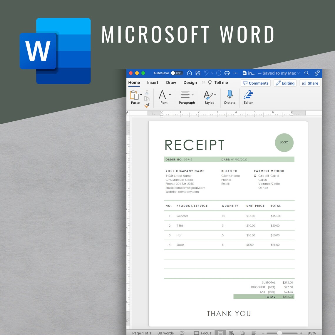 Receipt Template | Modern and Professional Receipt | Microsoft WORD and ...