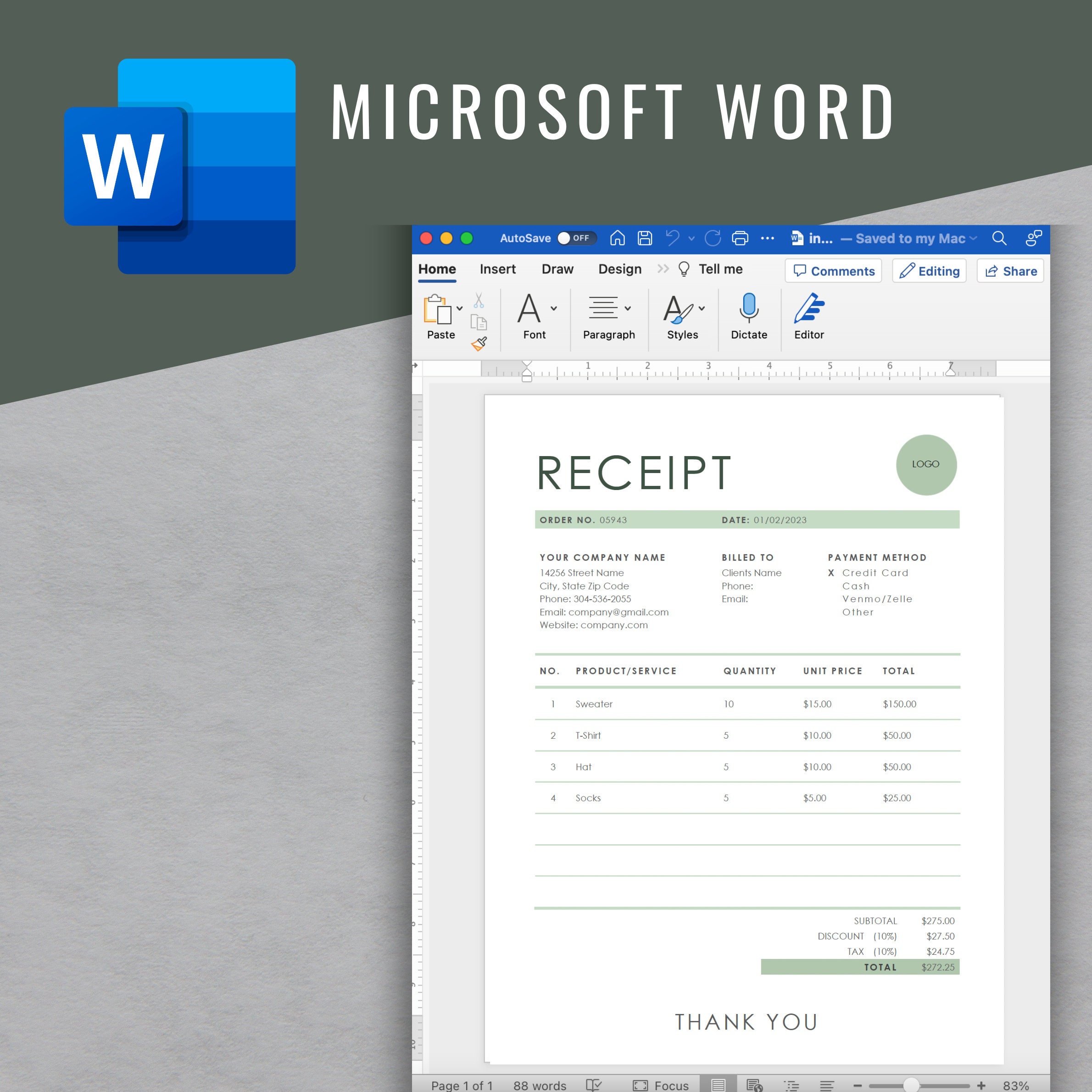 Receipt Template | Modern and Professional Receipt | Microsoft WORD and ...
