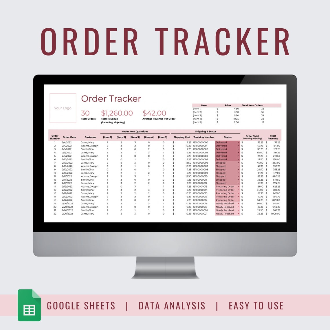 Order Tracker | Small Business Bookkeeping | Sales Tracker | Revenue ...