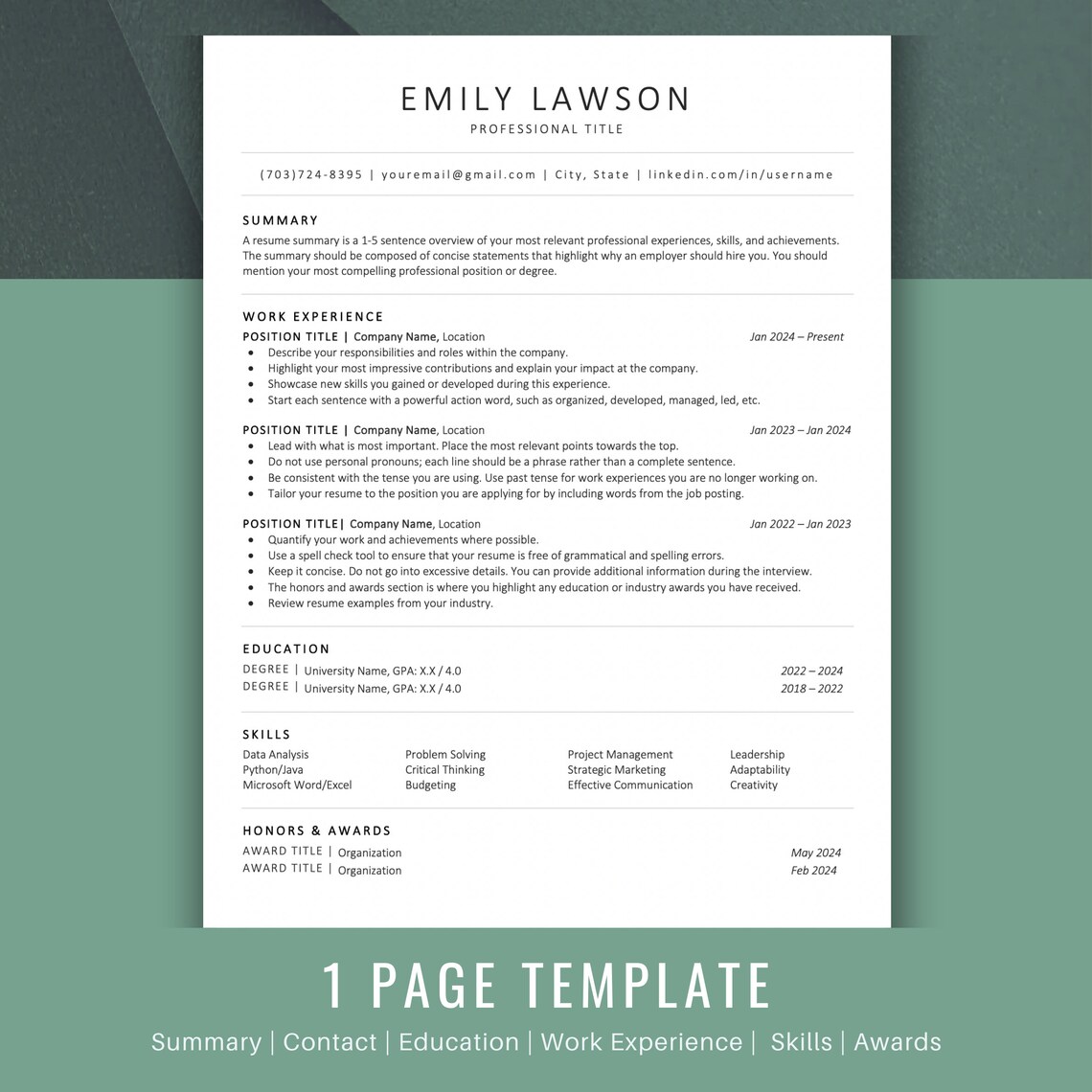 ATS Friendly Resume Template for Microsoft Word | Professional and ...